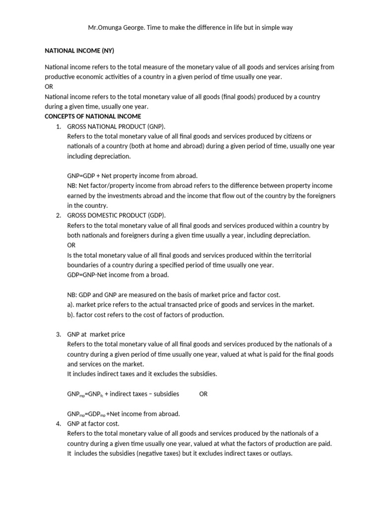 Understanding National Income Concepts | PDF | Cost Of Living | Gross ...