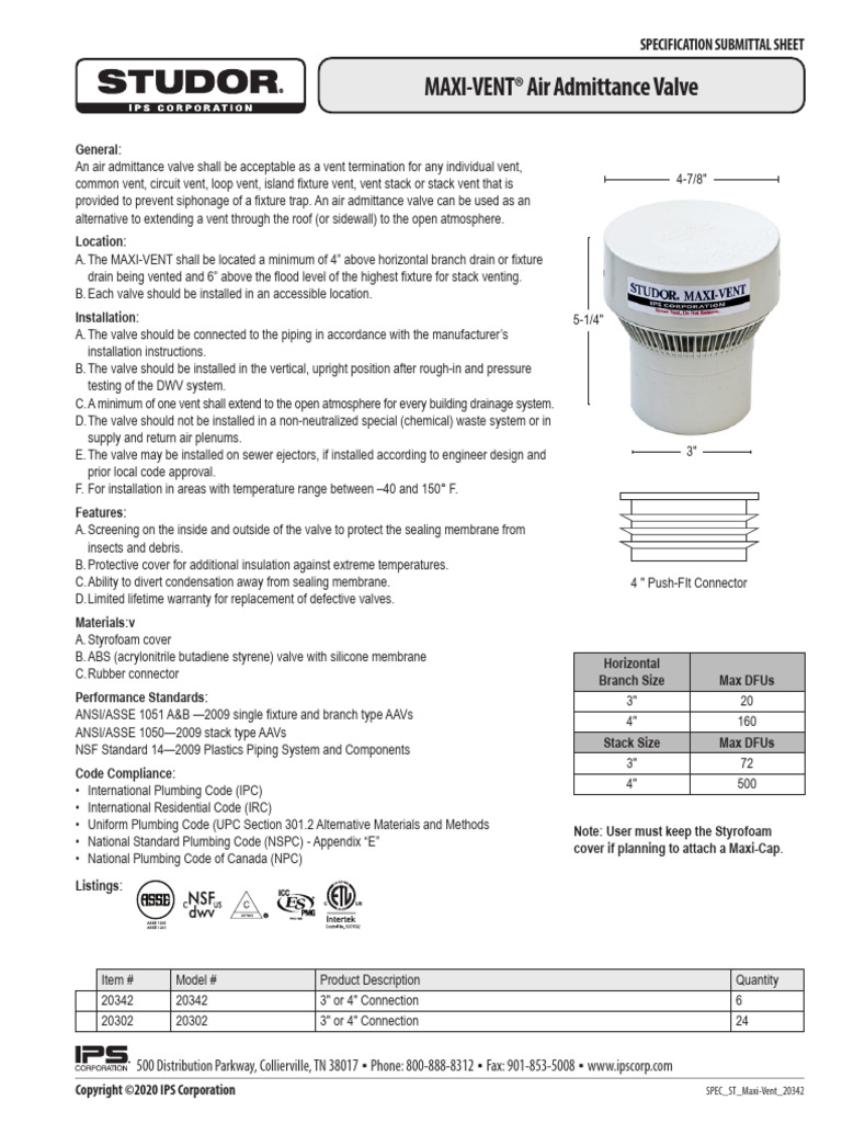 MAXI-VENT® Air Admittance Valve Specs | PDF | Building Engineering ...