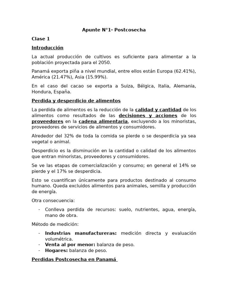 Apunte N°1 - Manejo de Postcosecha | PDF | Respiración celular | Alimentos