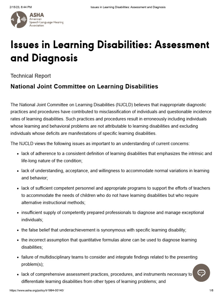 Issues in Learning Disabilities - Assessment and Diagnosis | PDF ...