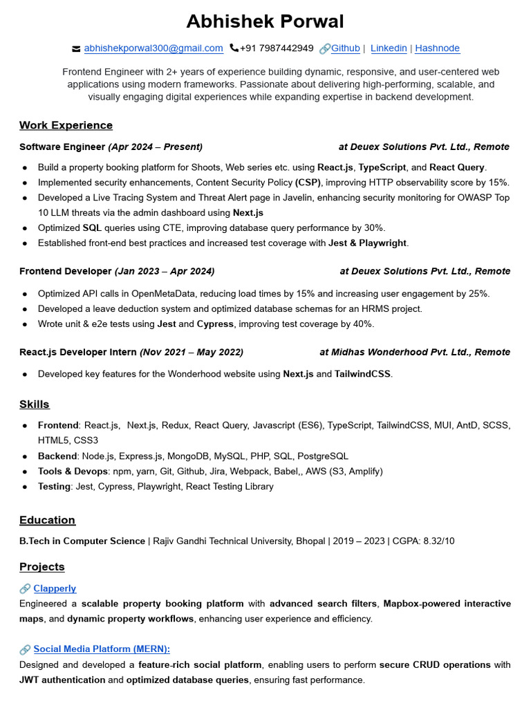 Abhishek Porwal (Frontend Engineer) | PDF | Databases | Software Development