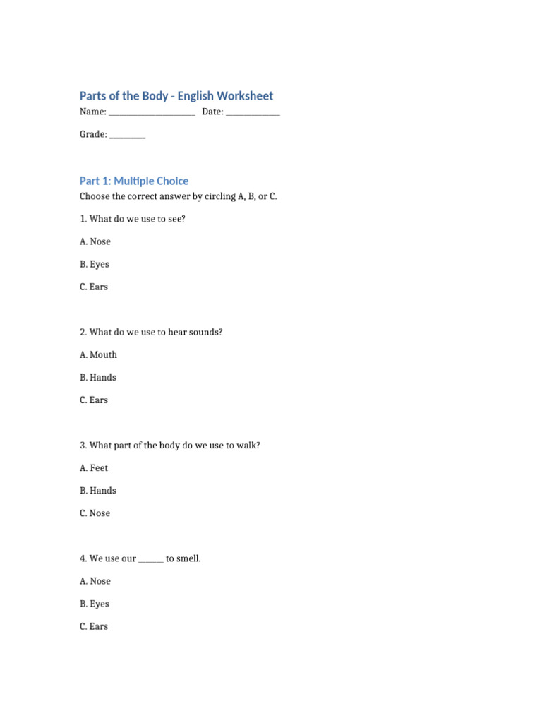 Parts of The Body Worksheet | PDF