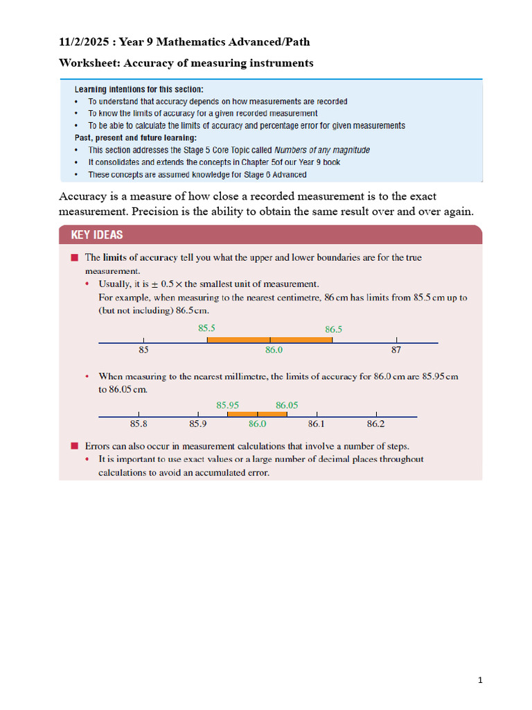 Year 9 Math: Measuring Accuracy Worksheet | PDF
