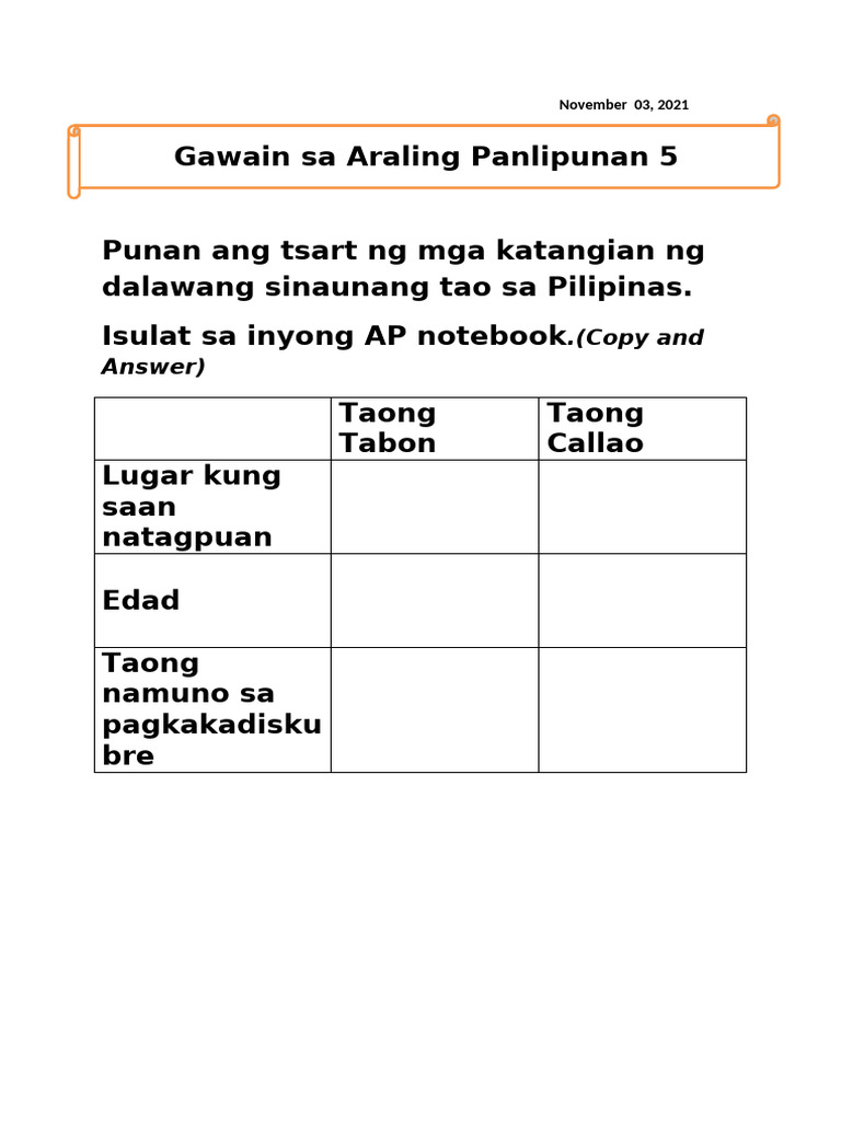 Gawain Sa Araling Panlipunan 5 (Nov, 3 and 4) | PDF