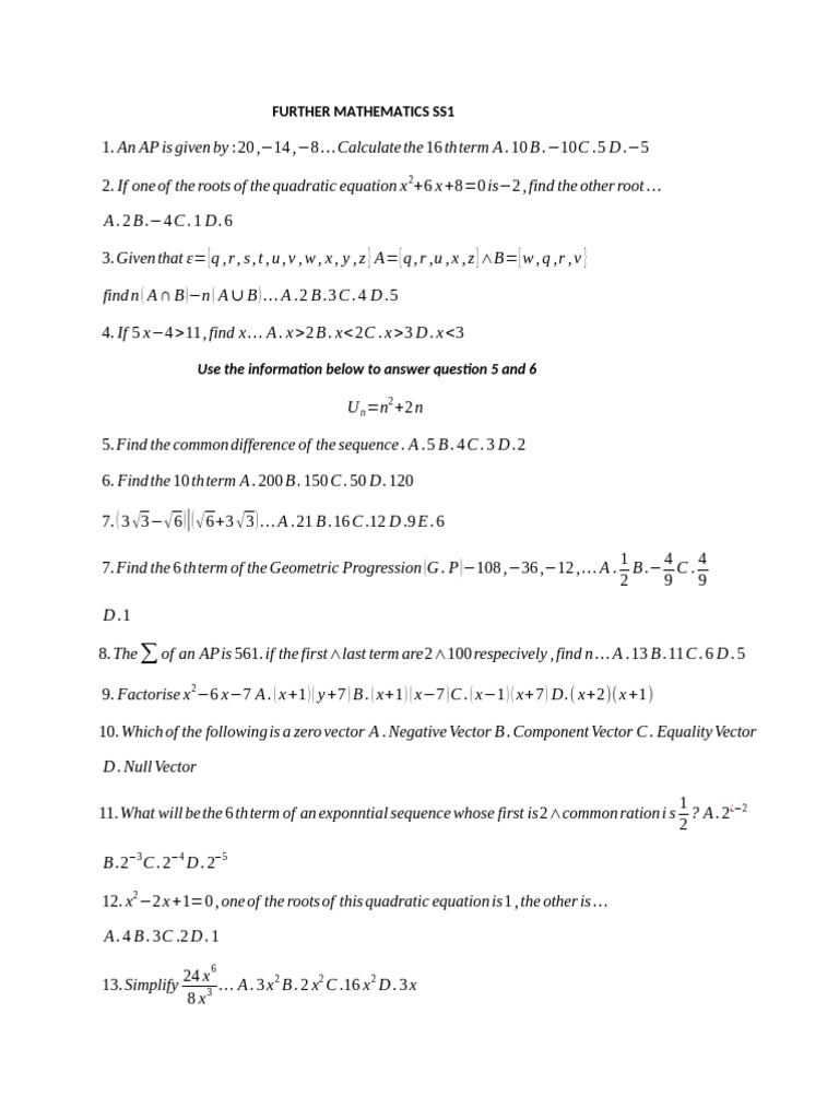 FURTHER MATHEMATICS SS1 2ND TERM | PDF | Mathematics | Algebra