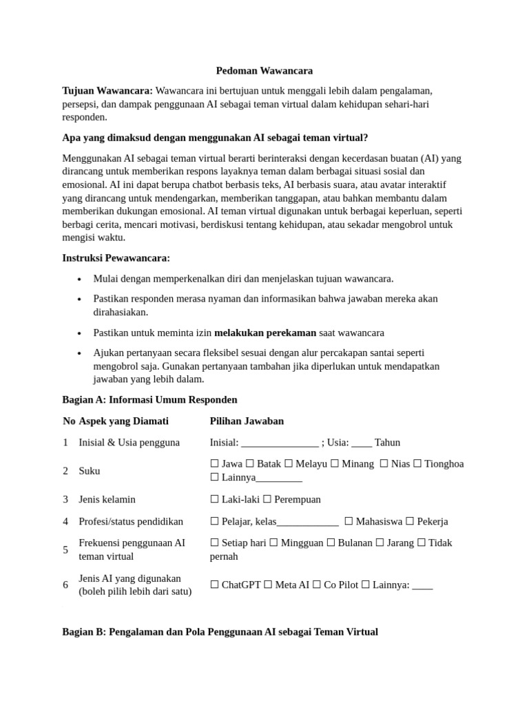 Pedoman Wawancara Penggunaan AI FIX | PDF