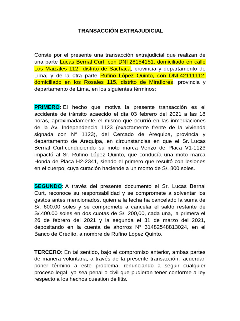 Transacción Extrajudicial | PDF