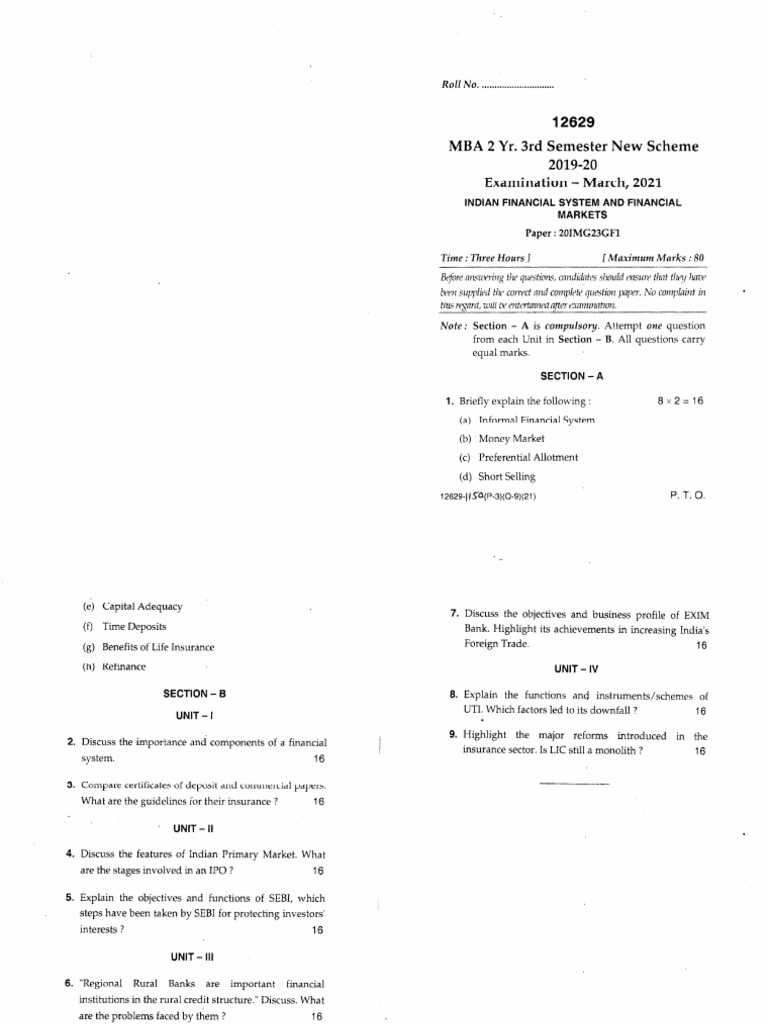 Mba 3 Sem Indian Financial Syustem and Financial Markets 12629 Mar 2021 ...