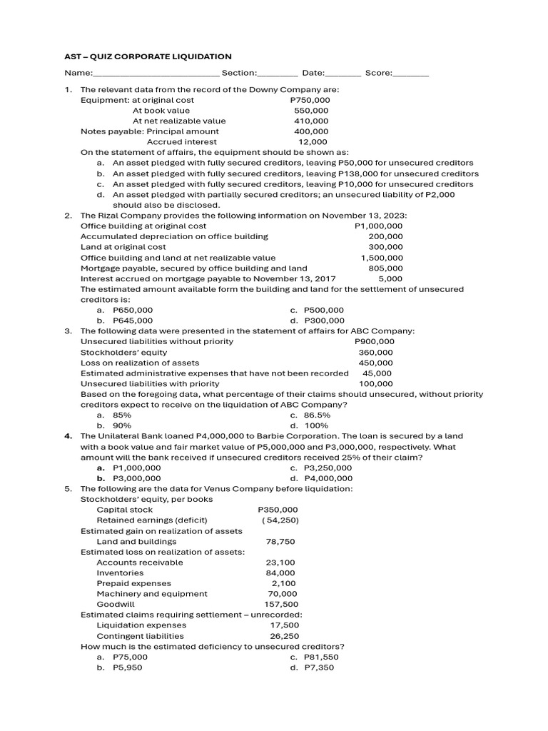 AST Quiz 2 Corporate Liquidation Oct 18 PROBLEMS | PDF | Book Value | Equity (Finance)