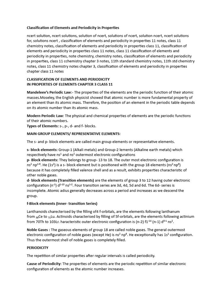 Class 11 Chemistry: Element Classification | PDF | Periodic Table | Ion