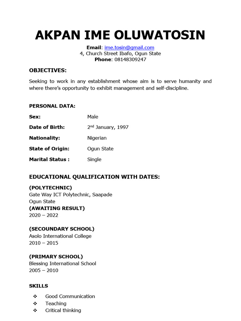 Akpan Ime Oluwatosin CV | PDF