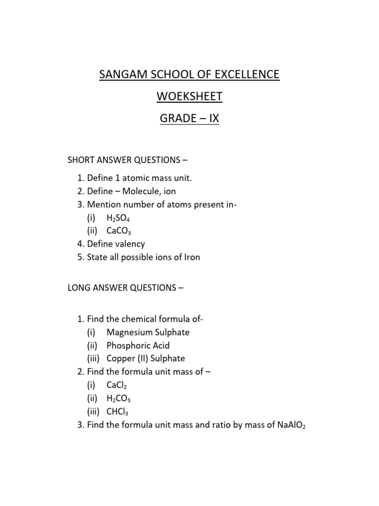 Grade IX Chemistry Worksheet | PDF