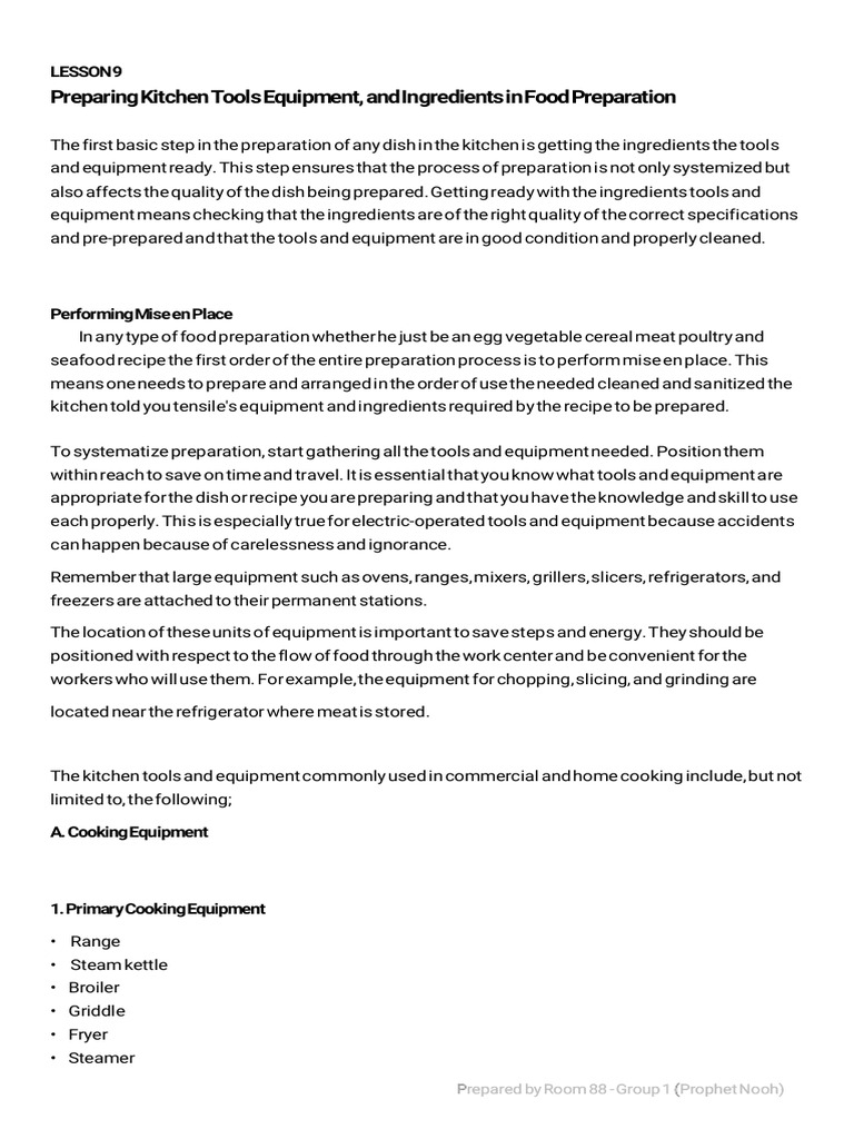 Tle 10 88 GR1 Preparing Kitchen Tools Equipments and Ingredients in ...