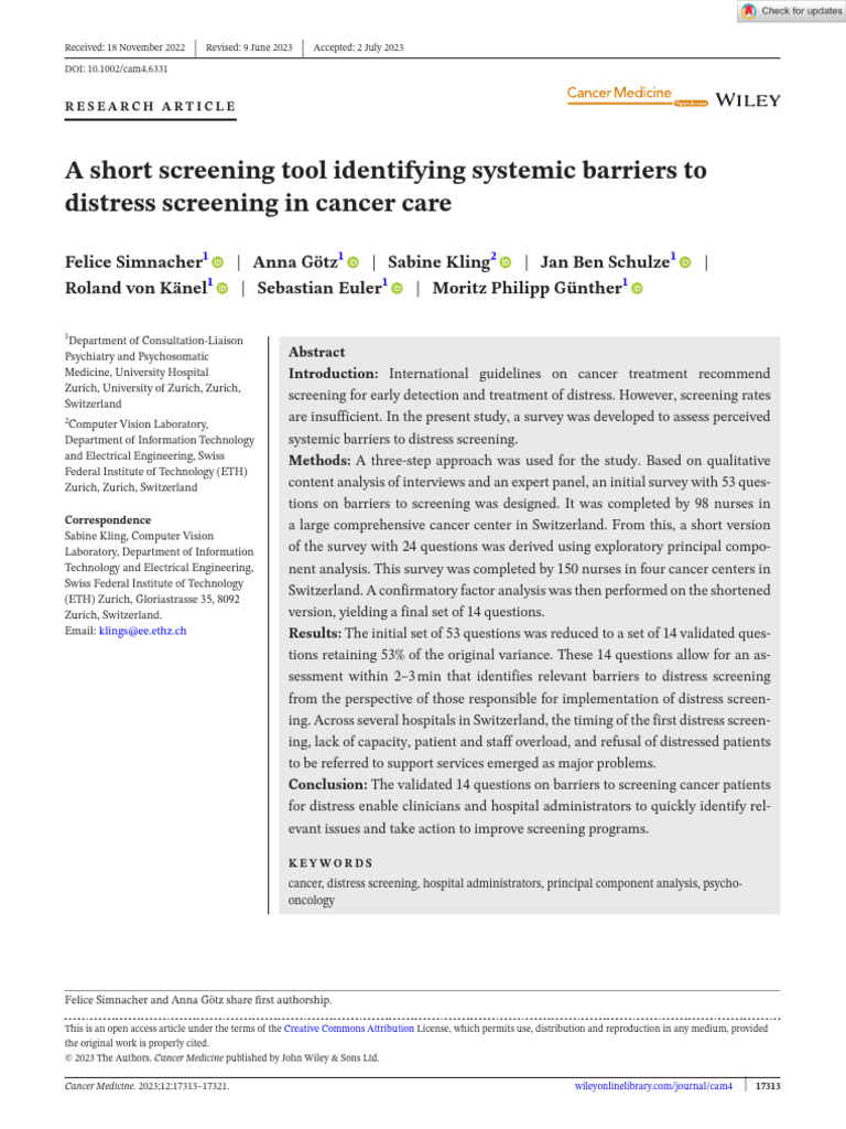 A Short Screening Tool Identifying Systemic Barriers To Distress Screening in Cancer Care | PDF ...