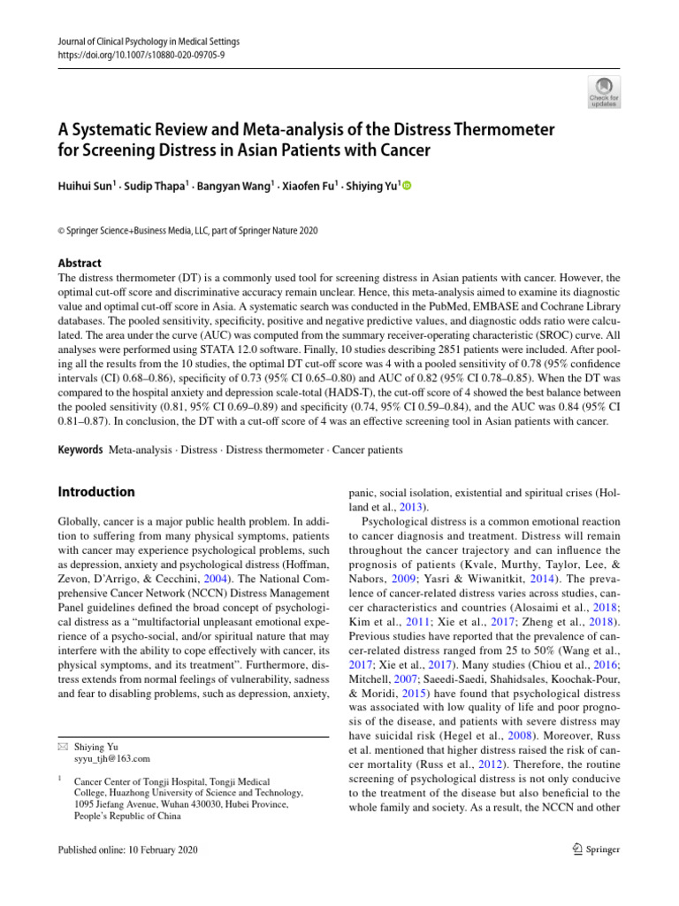 A Systematic Review and Meta‑analysis of the Distress Thermometer | PDF | Receiver Operating ...