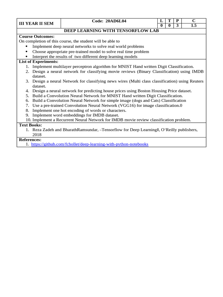 DL LAB Syllabus | PDF