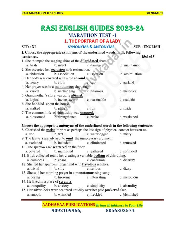 11th Eng Test Series Synonyms Antonyms | PDF