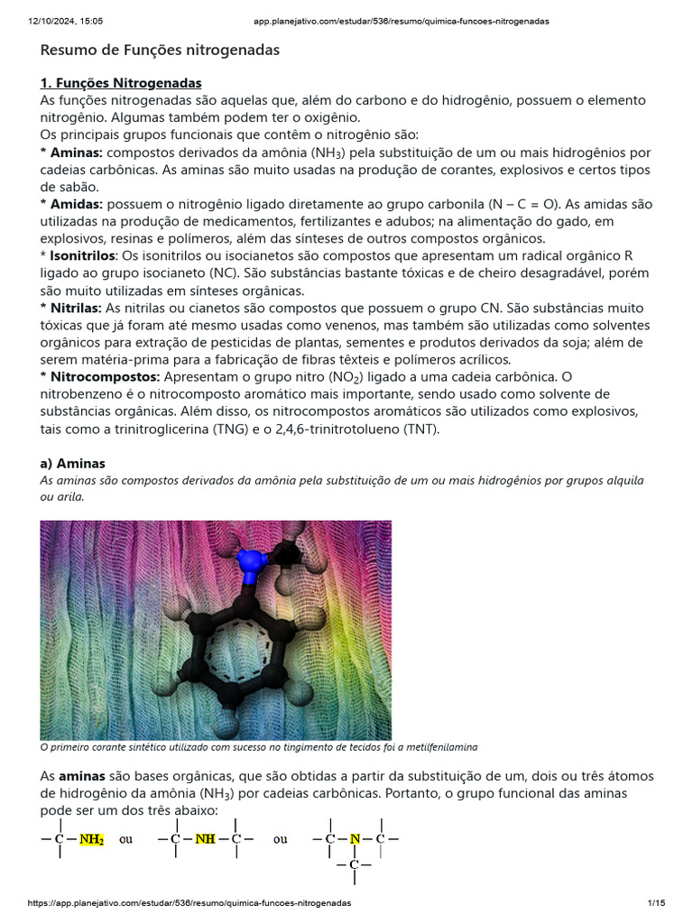 Resumo Quimica Funcoes Nitrogenadas | PDF | Amina | Cianeto