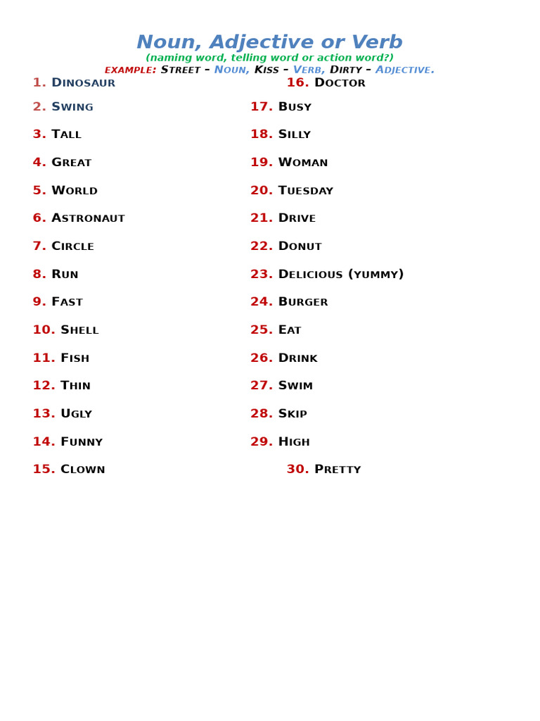 Noun Verb or Adjective Grammar Drills 32590 | PDF