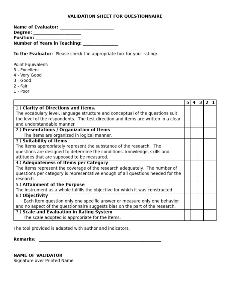 TEMPLATE-VALIDATION-SHEET-FOR-QUESTIONNAIRE | PDF
