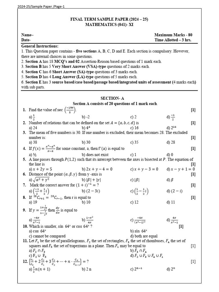 XI Mathematics Sample Paper | PDF | Elementary Geometry | Mathematics