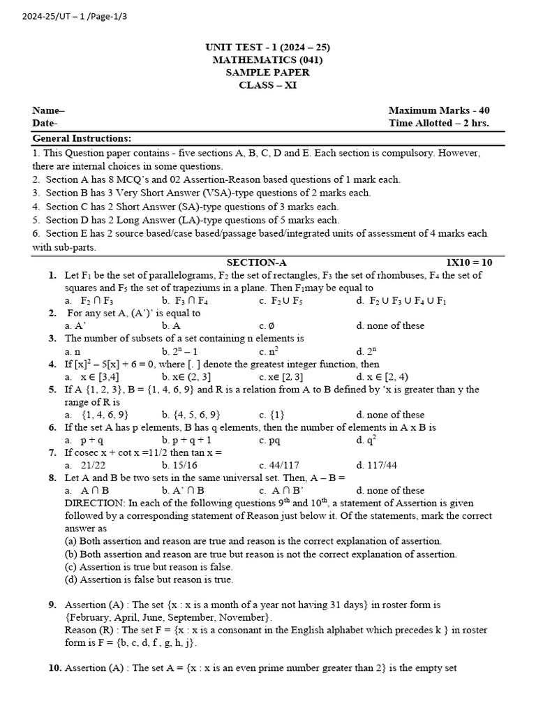 Sample paper Core mathematics-1 | PDF | Mathematical Concepts | Mathematics