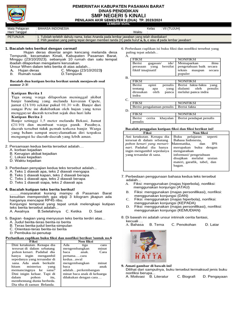SOAL BINDO KLS 7 2024 SMT 2(1) | PDF