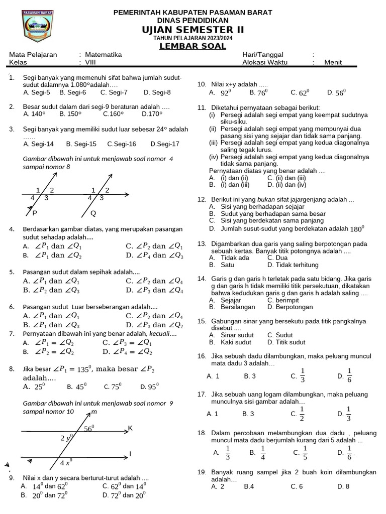 Soal Matematika KLS 8 Semester 2 Ta 2023-2024 | PDF