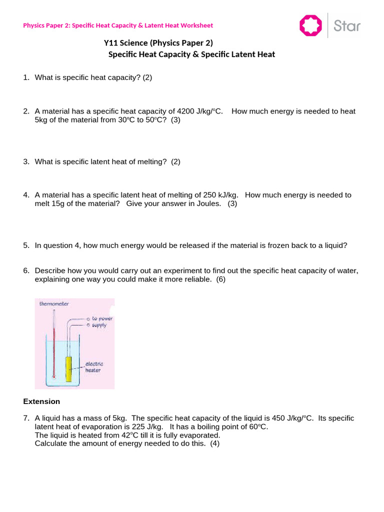 SPECIFIC HEAT CAPACITY & LATENT HEAT FINAL WORKSHEET Answers | PDF ...