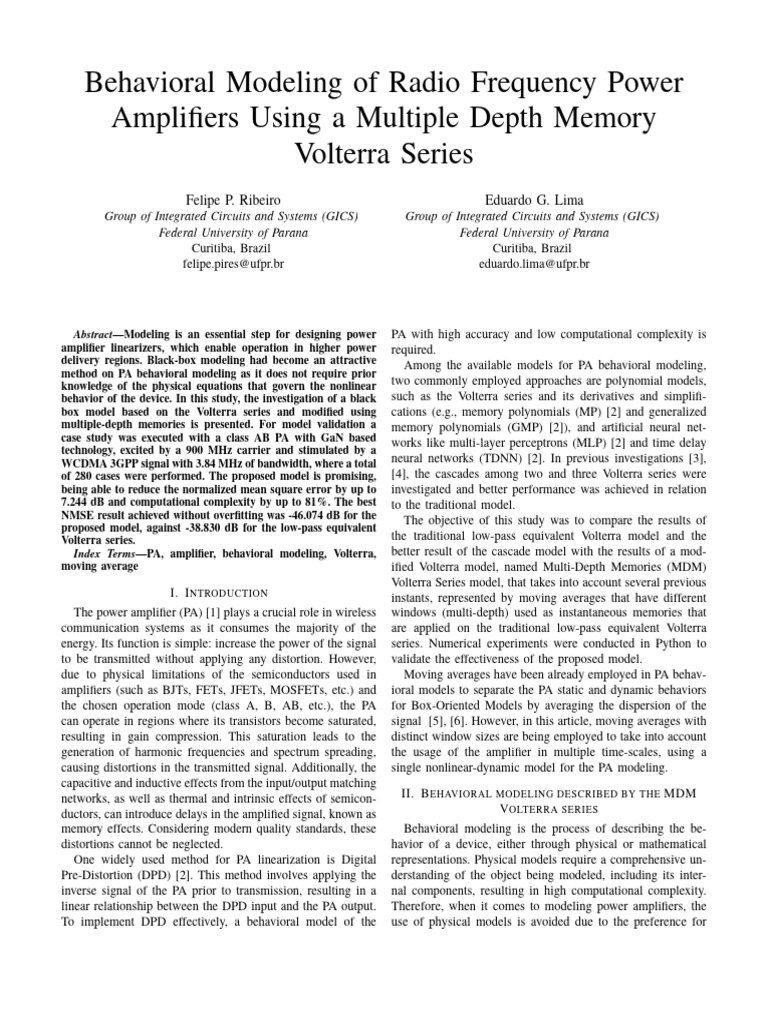 BEHAVIORAL MODELING OF RADIO FREQUENCY POWER AMPLIFIERS USING A MULTIPLE DEPTH MEMORY VOLTERRA ...