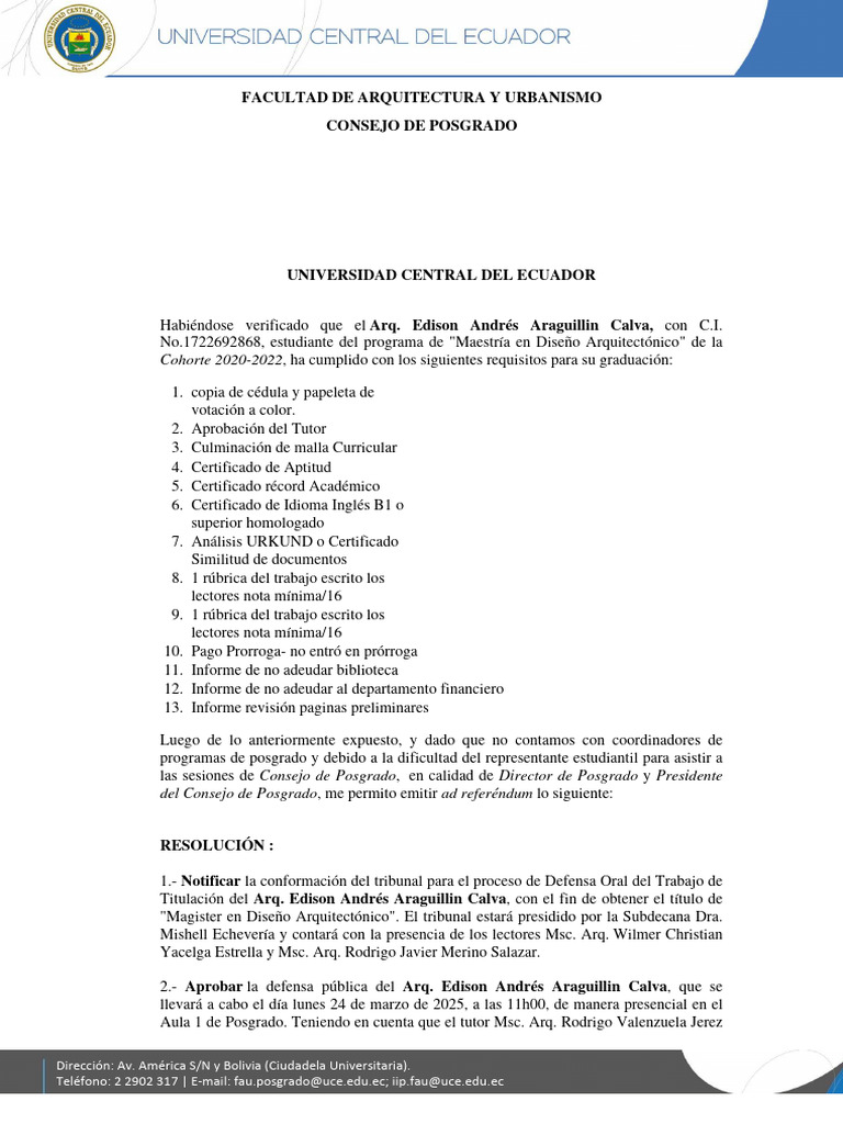 Resolucion Consejo Posg-N°uce-Fau-Cpo-2025-0005-R-6 Marzo25-Confor-Tribu Defensa Oral | PDF