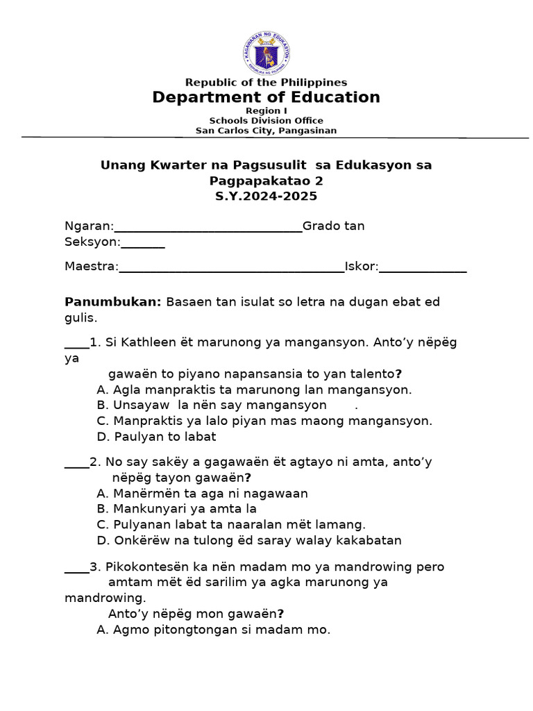 ESP 2-TEST QUESTION-1ST QUARTER SY 2024-2025 Final | PDF