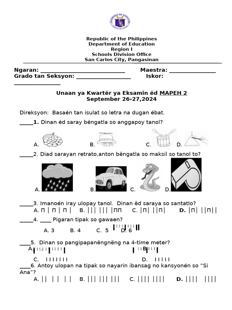 Final - TQ - MAPEH 2 - Quarter 1 (9-21-24) (1) ... | PDF