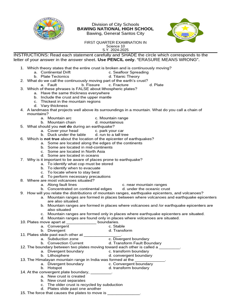 Science 10 Exam 1st Quarter | PDF | Plate Tectonics | Earth Sciences