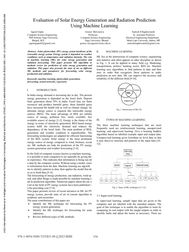 Evaluation of Solar Energy Generation and Radiation Prediction Using Machine Learning | PDF ...