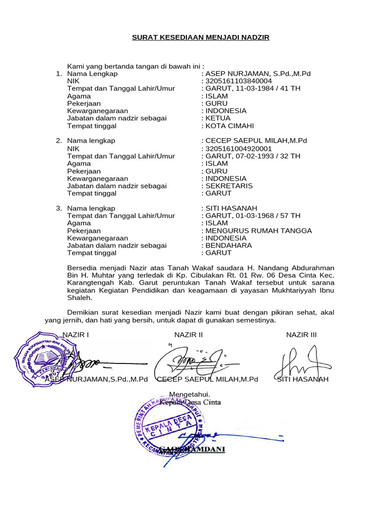 surat bersedia menjadi nazir | PDF