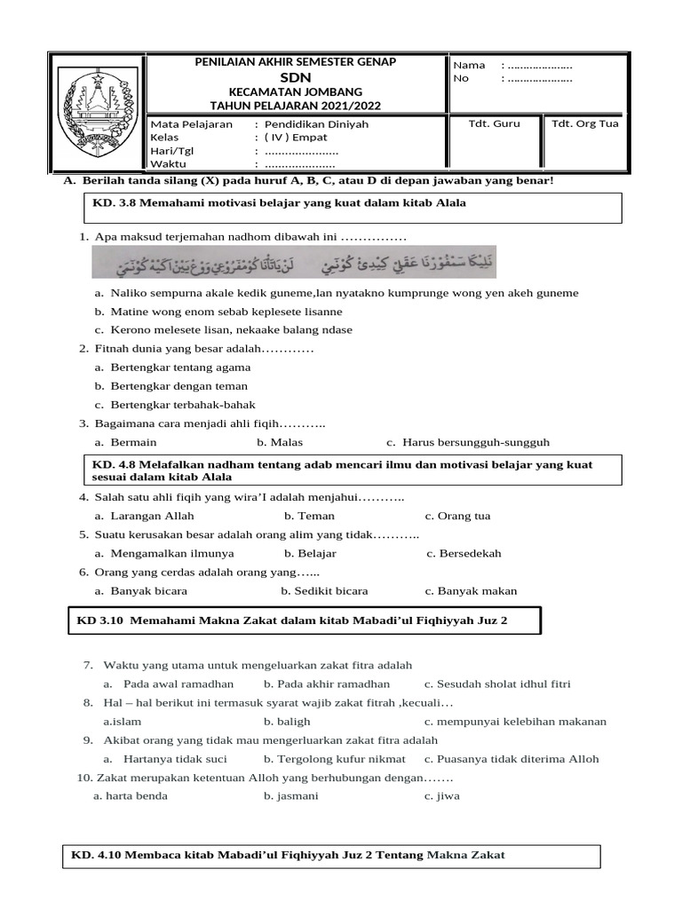 PAT GENAP KELAS 4 2022 | PDF