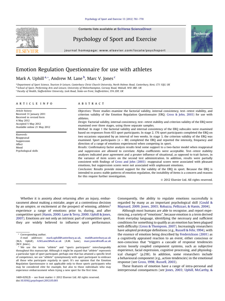 Emotion Regulation Questionnaire For Use With Athletes | PDF | Emotions ...