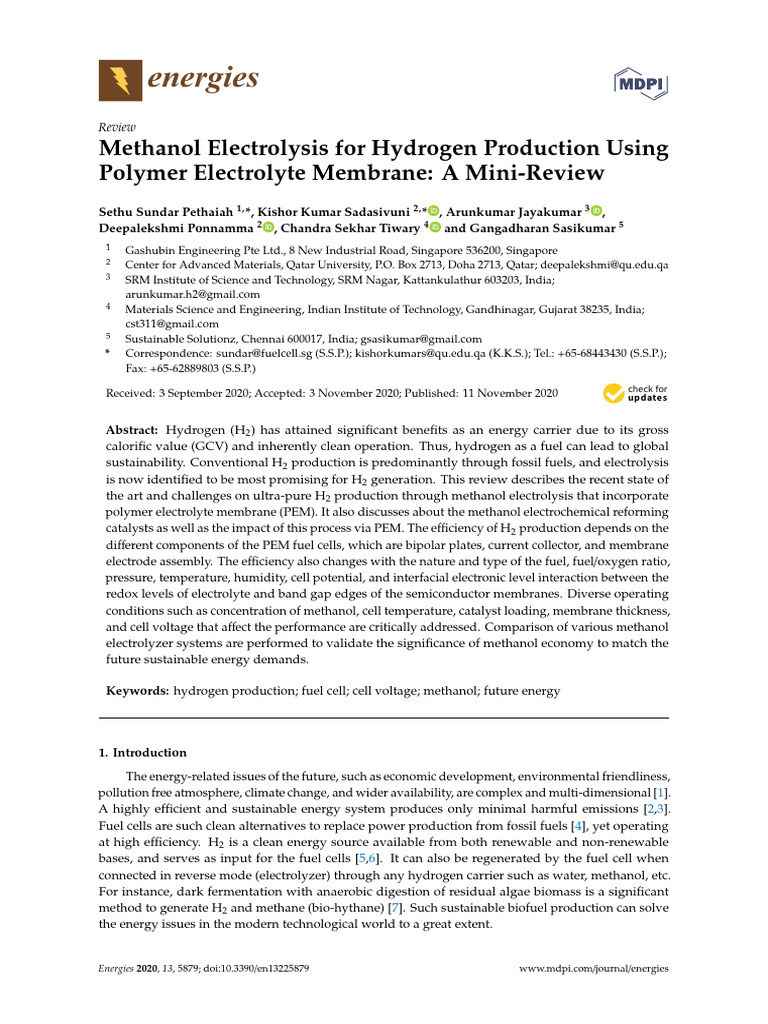 Methanol Electrolysis for Hydrogen Production Using Polymer Electrolyte ...