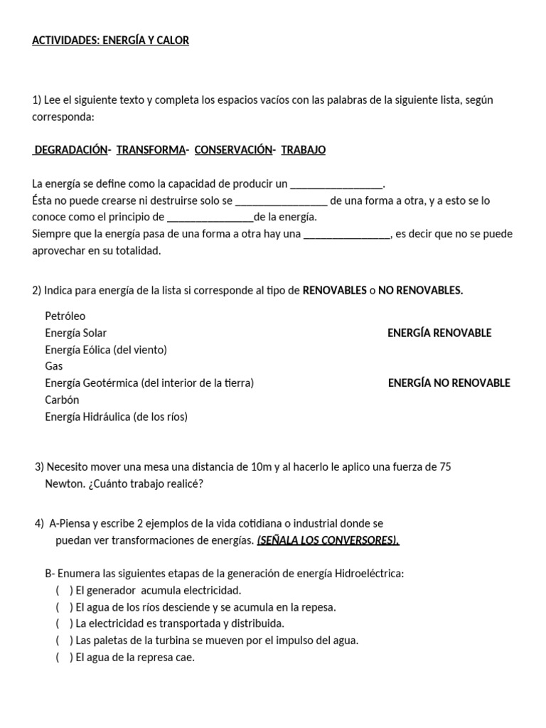 Actividades sobre Energía y Calor | PDF | Energía renovable | Temperatura