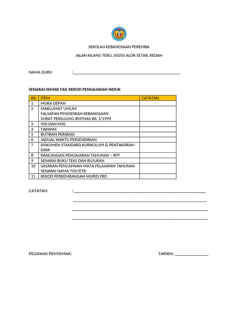 Senarai Semak Fail Rekod Pengajaran Induk 2025 | PDF