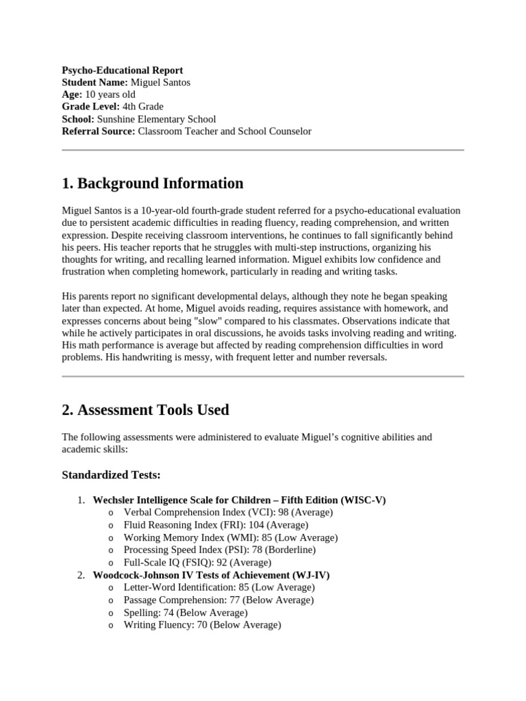 Psychoeducational Report | PDF | Wechsler Adult Intelligence Scale ...