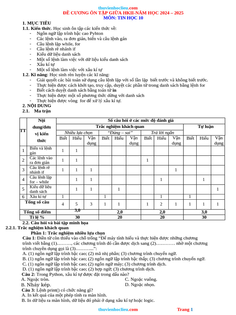 De Cuong Tap Giua HK2 Tin 10 KNTT 24 25 | PDF