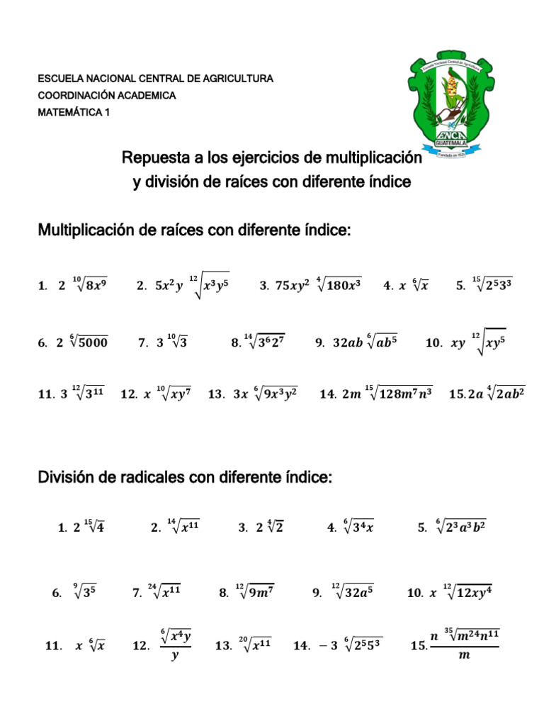 Repuesta A Los Ejercicios de Multiplicación y División de Raíces Con Diferente Índice ...