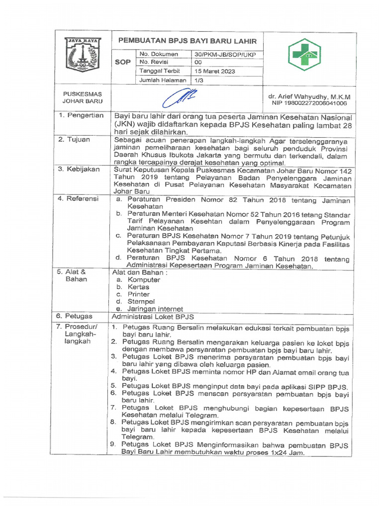 SOP PEMBUATAN BPJS BAYI BARU LAHIR UKP | PDF