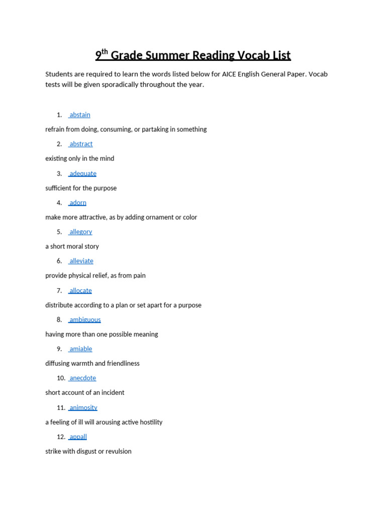 9th Grade Summer Reading Vocab List | PDF | Psychology | Cognition
