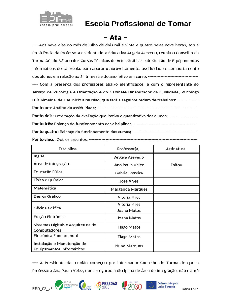 PED - 02 - v2 - Ata de Conselho de Turma 3ºP - 10.07.2024 - 3ºAC 2023-24 | PDF | Psicologia ...