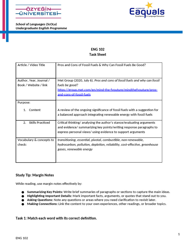 Pros and Cons of Fossil Fuels - Task Sheet FOR W3 | PDF | Fuels | Energy Development