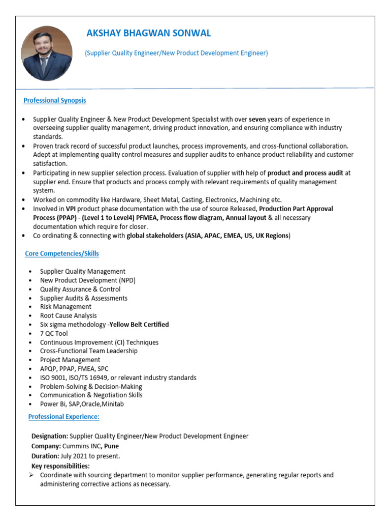 CV - Akshay Sonwal - SQE - NPD | PDF | Reliability Engineering ...