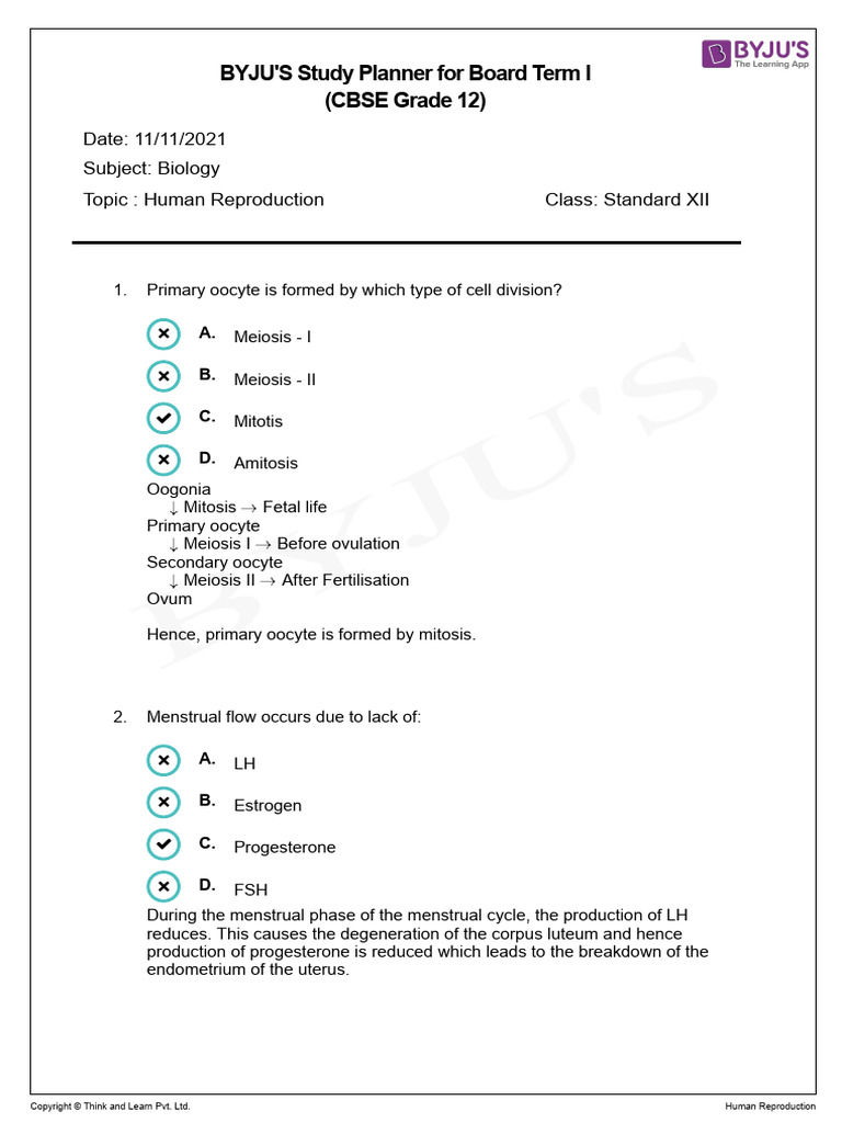 Human Reproduction Practice Question Solutions | PDF | Menstrual Cycle ...